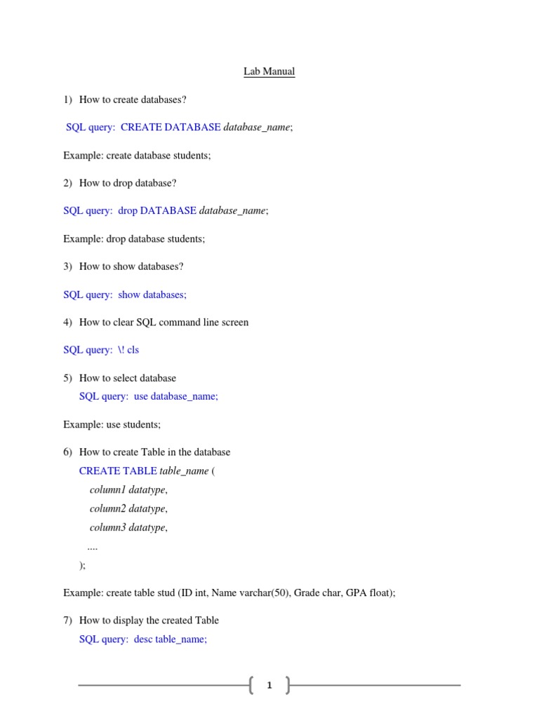 Create and Manage Databases and Tables with SQL Lab Manual | PDF