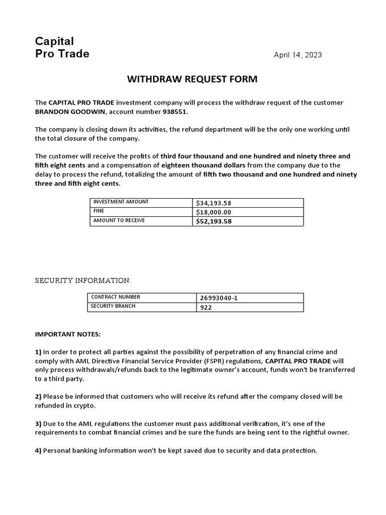 Capital Pro Trade Withdrawal Refund | PDF