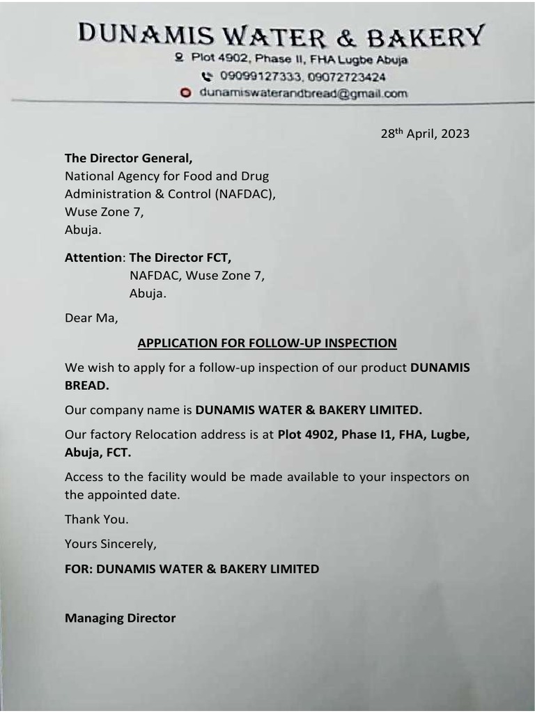 Application For Follow-Up Inspection Bread PDF | PDF