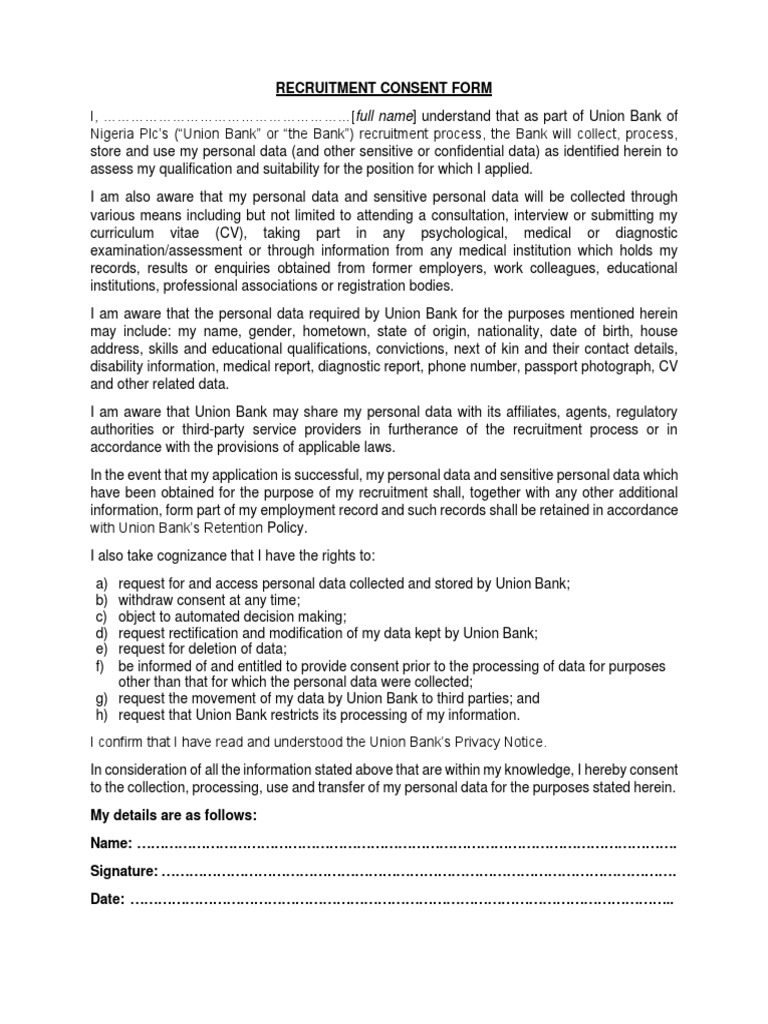 Union Bank Recruitment Consent Form | PDF | Recruitment | Justice