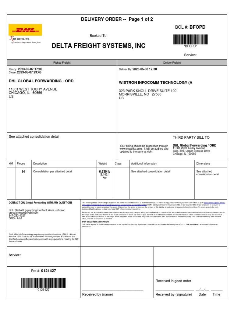 Delta Freight Delivery Order Details | PDF