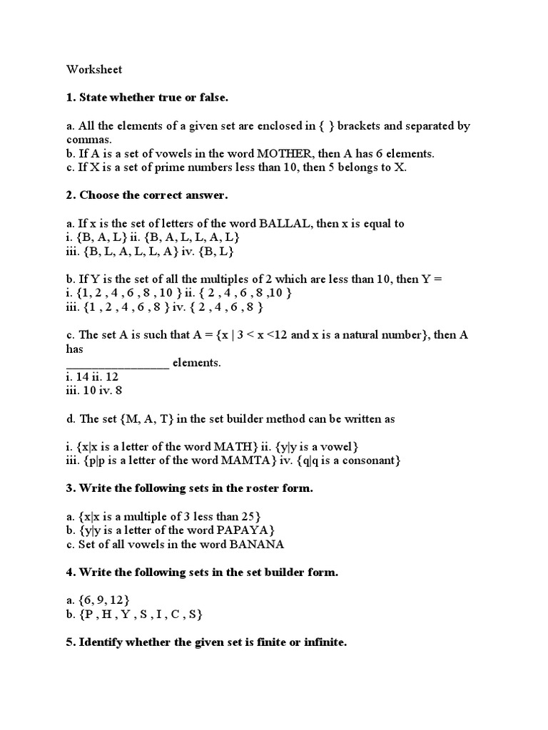 Worksheet On Sets | PDF