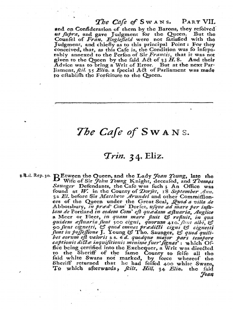 The Case of Swans, Trin 34 Eliz, 7 Co Rep 15 (Exch 1592) | PDF | Common Law