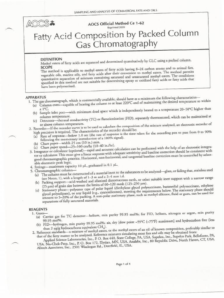 AOCS Ce 1-62 Fatty Acid Packed Column GC PDF | PDF