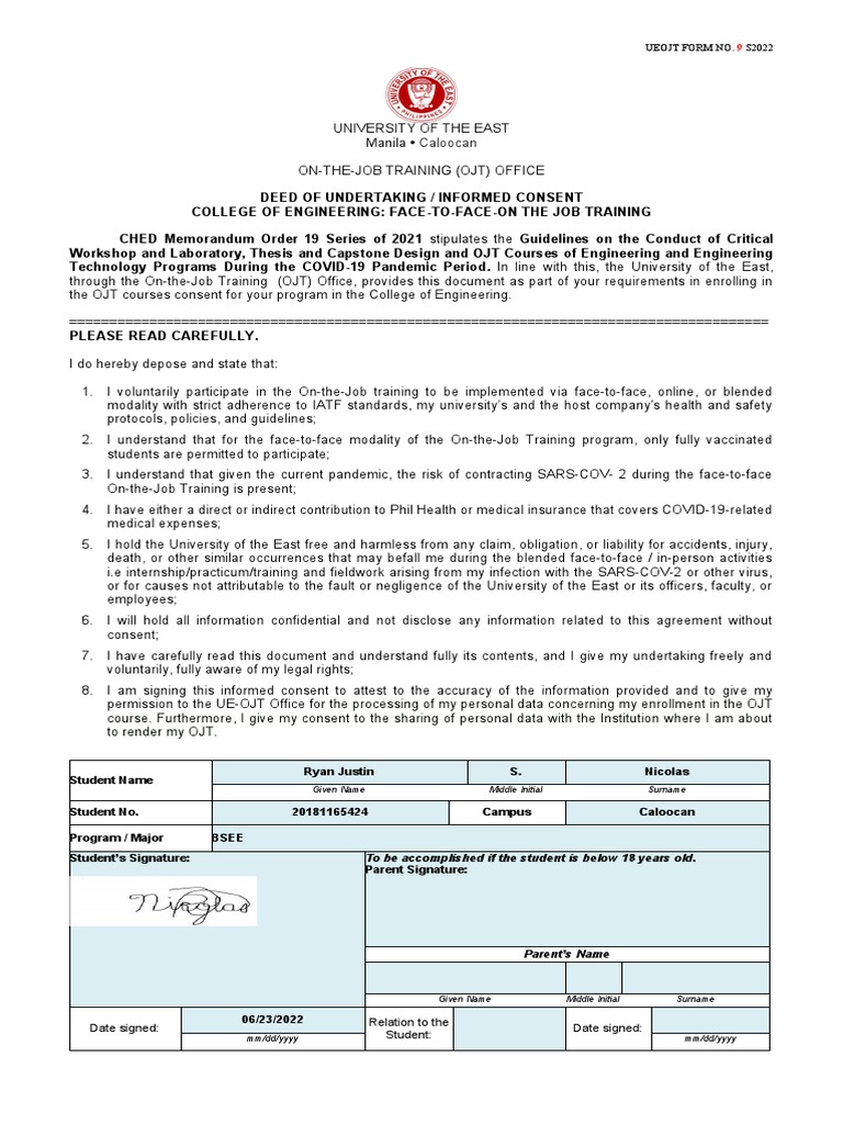 OJT Informed Consent Form - UE 2022 | PDF