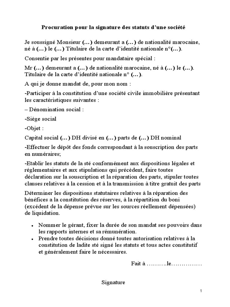 Procuration pour signature des statuts | PDF