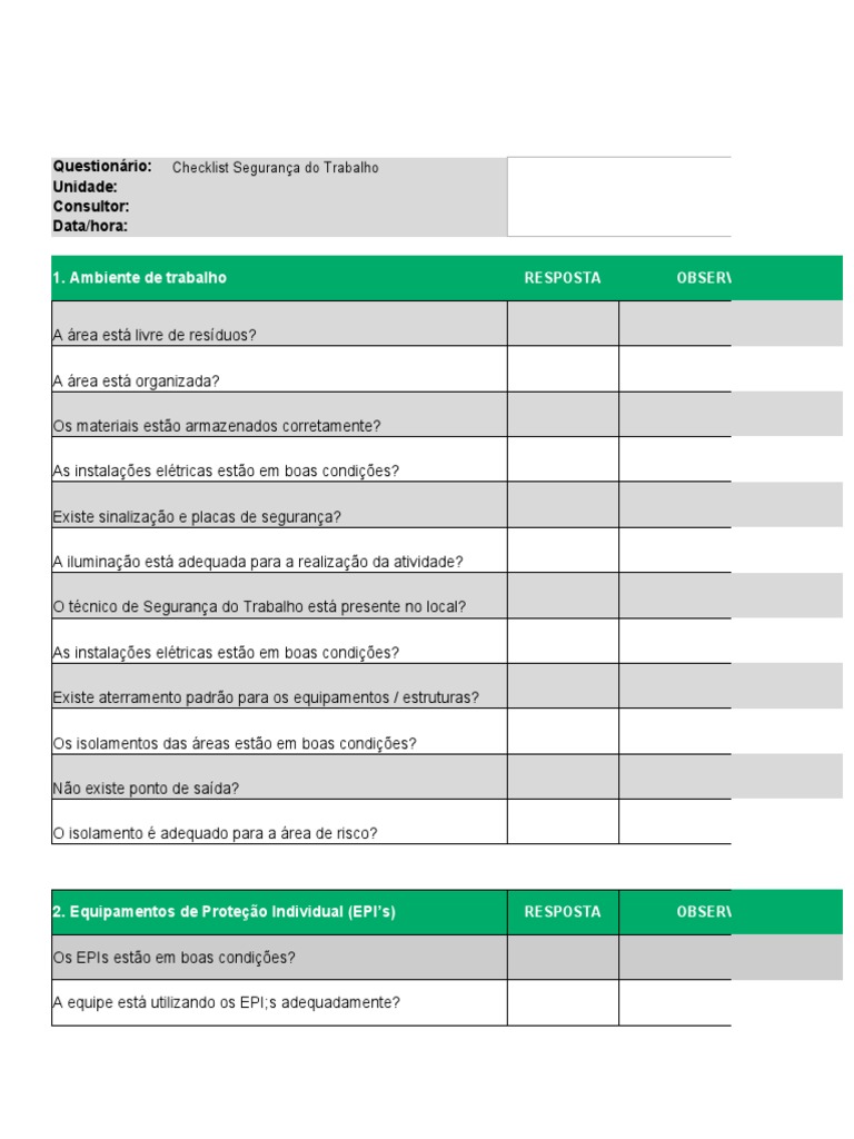 Checklist de Segurança no Trabalho para Avaliação de Riscos em Unidade ...