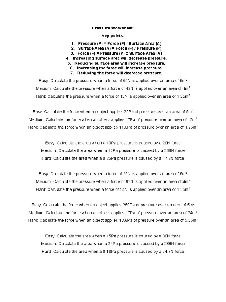 Year 8 - Pressure Worksheet | PDF