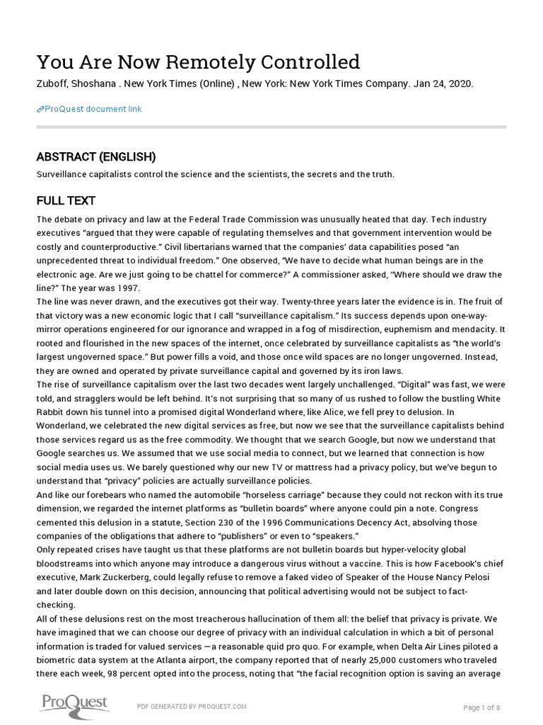 Zuboff You Are Now Remotely Controlled PDF | PDF
