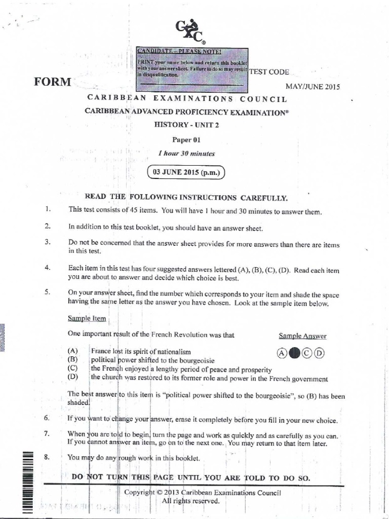 CAPE - History - U2 - P1 - 2015 With Answers PDF | PDF