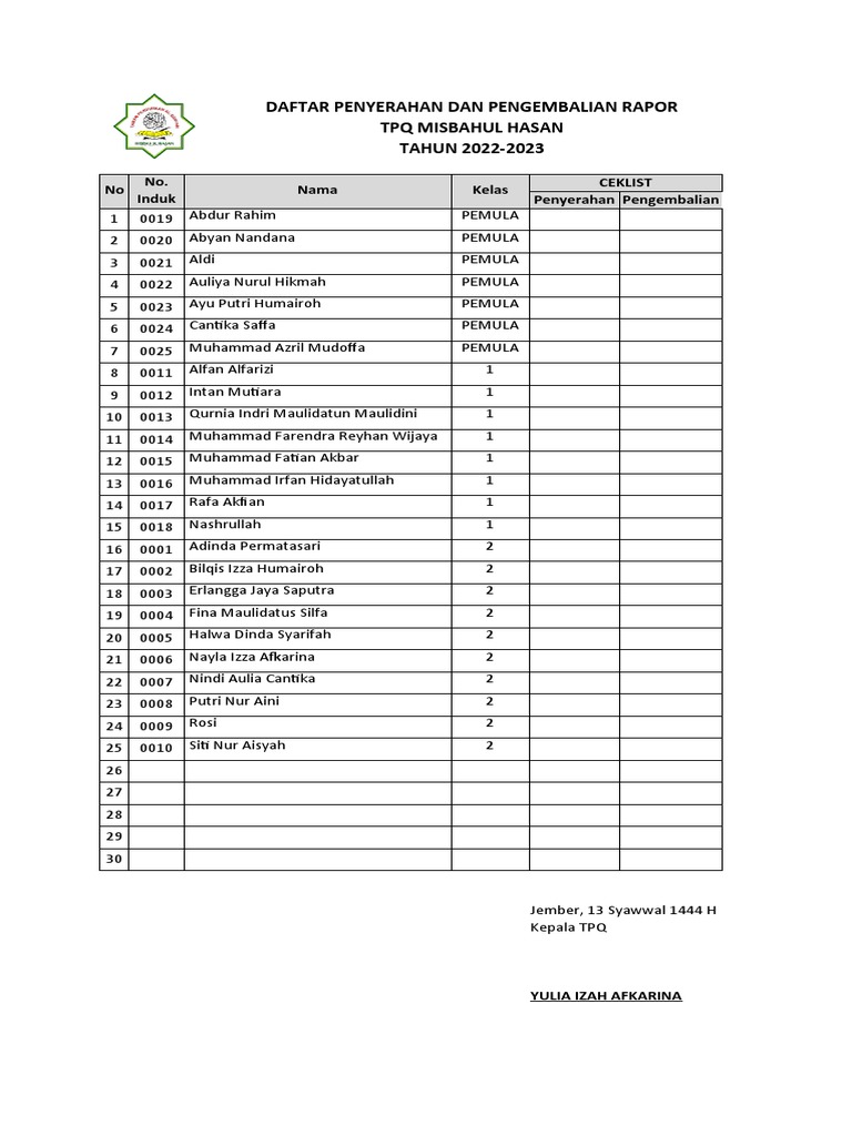 Buku Daftar Penyerahan Rapor | PDF