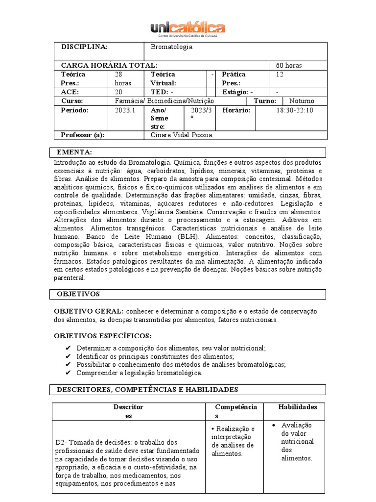 Análise da composição centesimal e determinação de frações alimentares ...