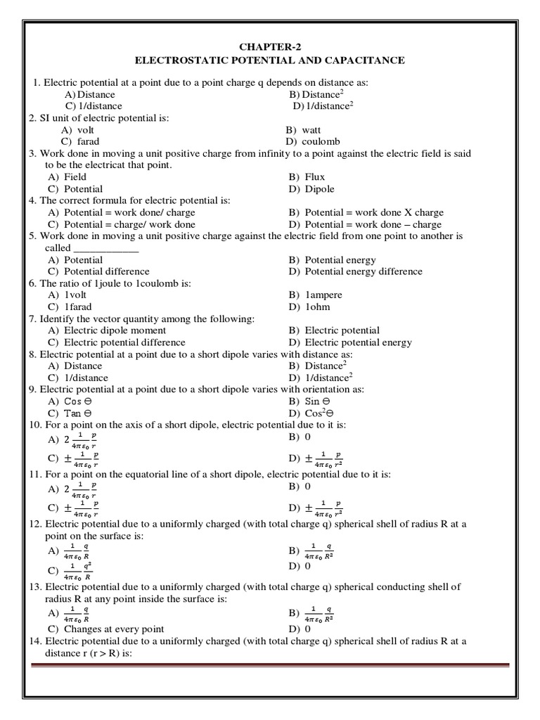 MCQ'S in Electric Potential and Capacitors PDF | PDF | Dielectric | Capacitor