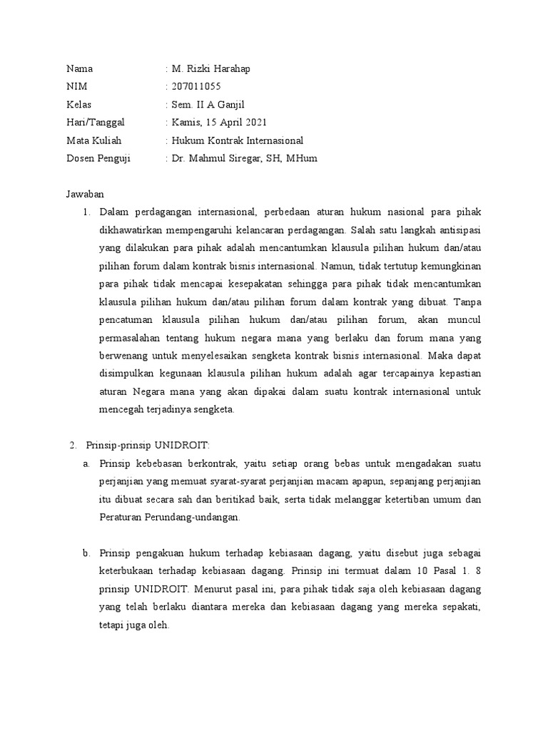 Uas Hukum Kontrak Internasional - M. Rizki Harahap - 207011055 - Ii A | PDF