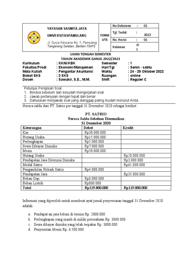 Soal UTS Pengantar Akuntansi Ruang 414 | PDF