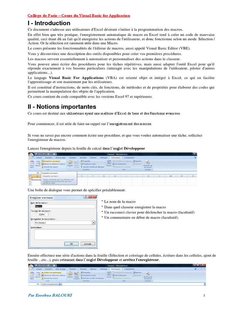 Vba - Support de Cours PDF | PDF | Visual Basic for Applications | Microsoft Excel