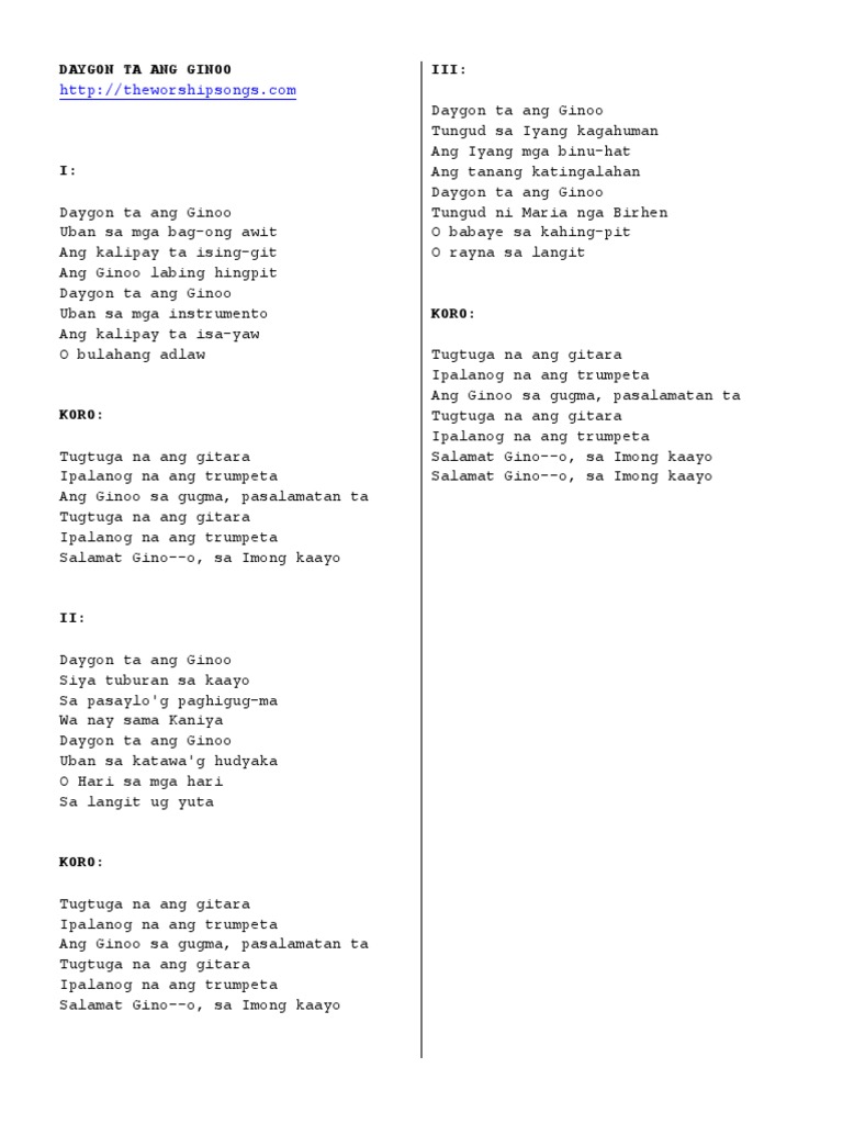 Daygon Ta Ang Ginoo Lyrics PDF | PDF