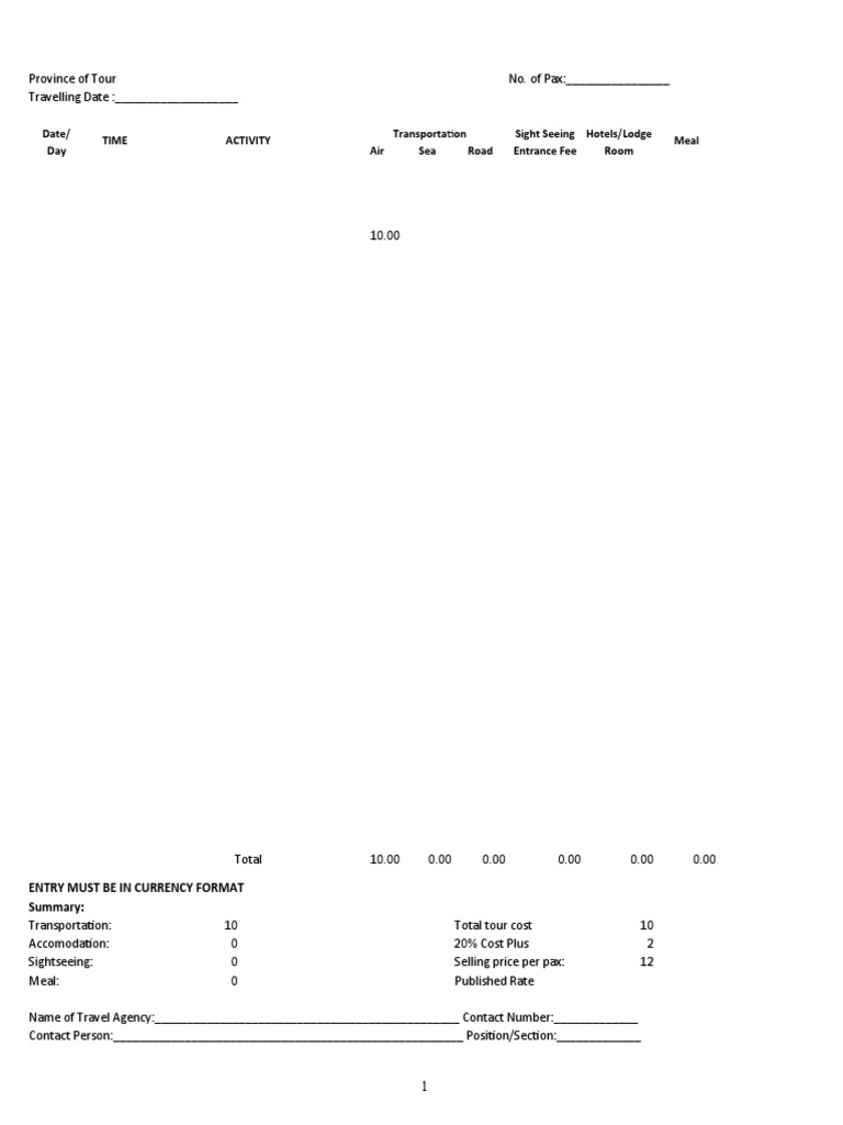 Tour Cost Template For Documentation 2023 PDF Service Industries
