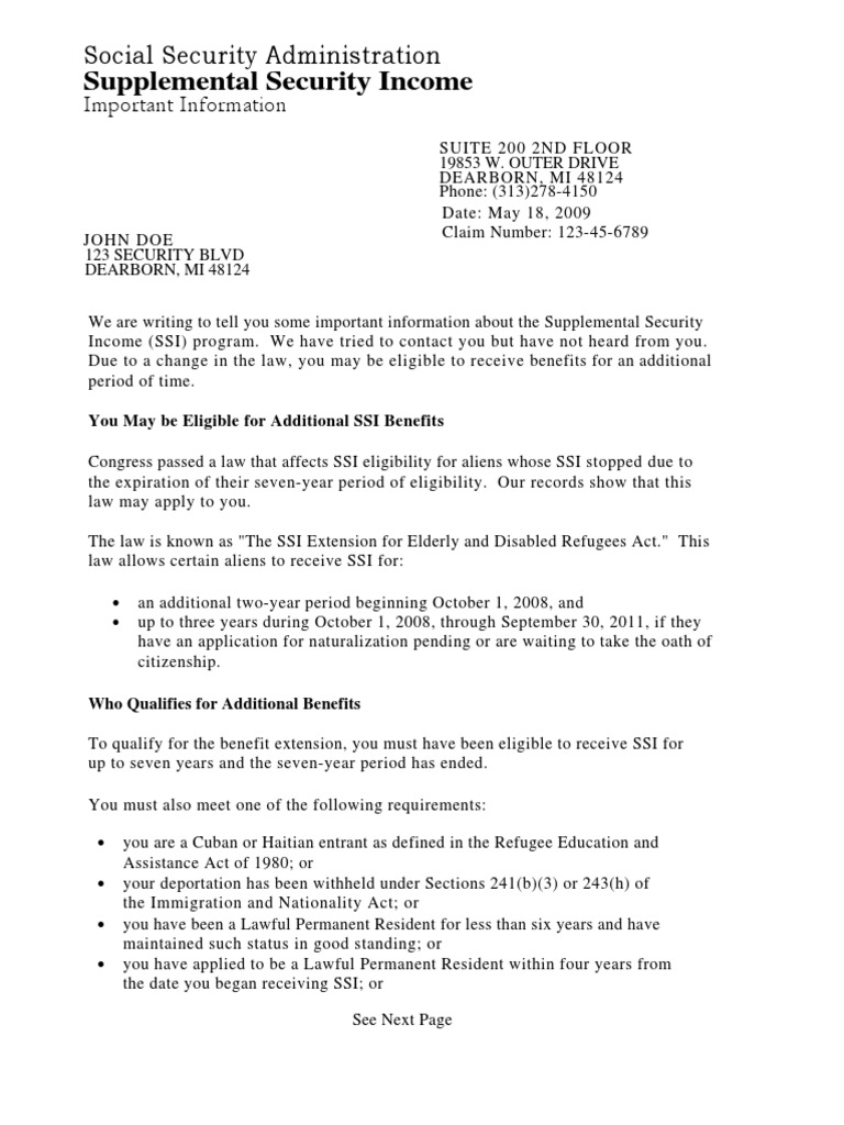 SSI Award Letter Sample for Eligibility | PDF