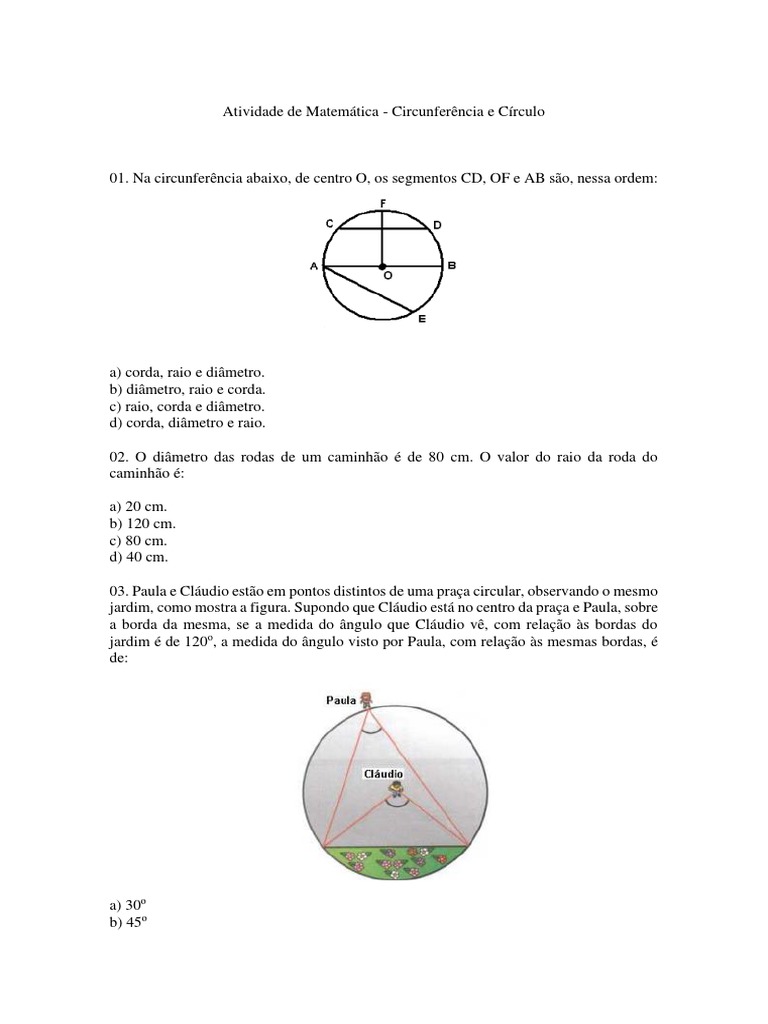 Atividade de Matemática - Circunferência e Círculo PDF | PDF