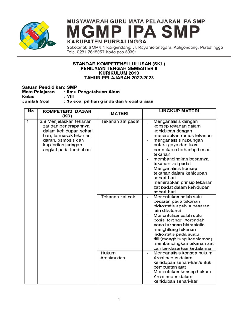 SKL PTS Genap IPA Kelas 8 2023 | PDF
