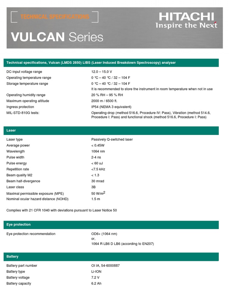 2 Technical Specifications Vulcan EN PDF | PDF | Battery Charger | Laser