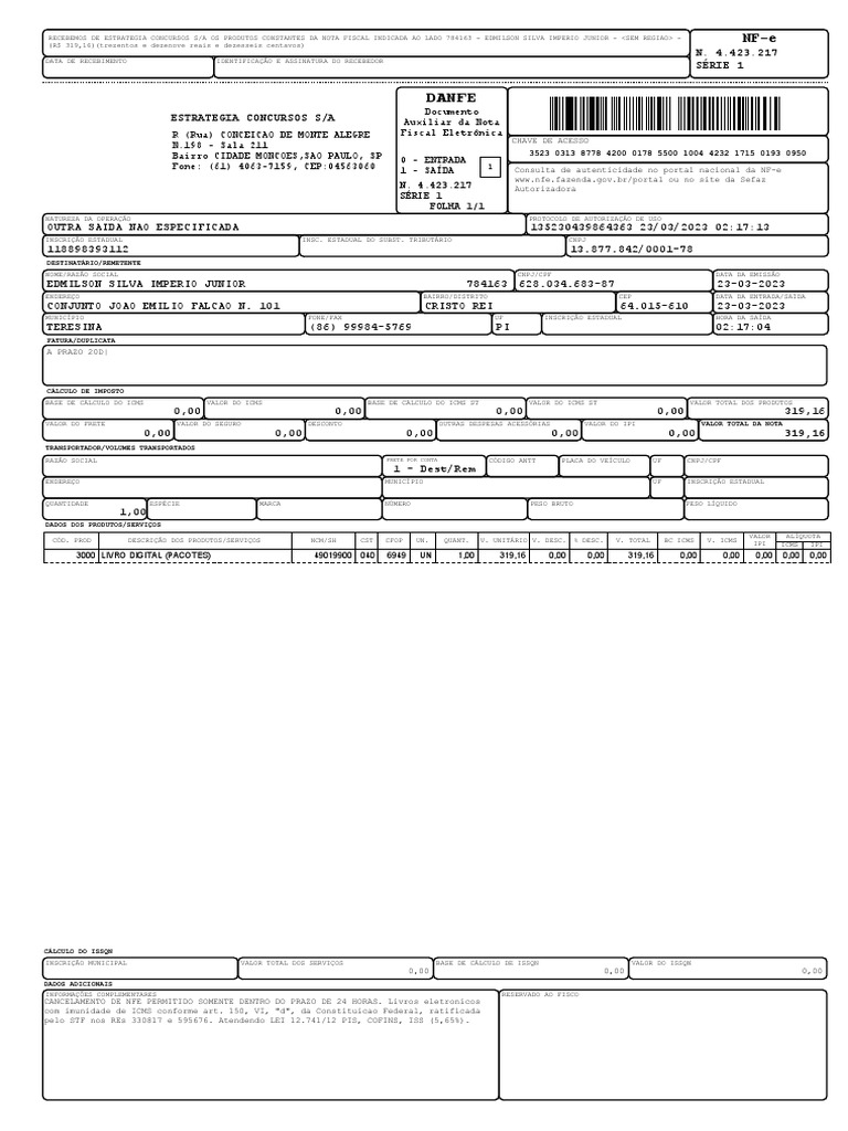 Documento Auxiliar Da Nota Fiscal Eletrônica PDF | PDF