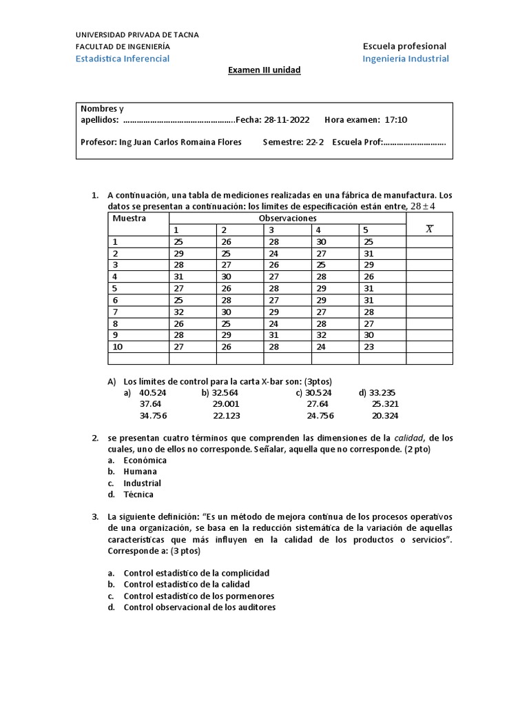 Examen Estad Inferencial Unidad III 22-II | PDF