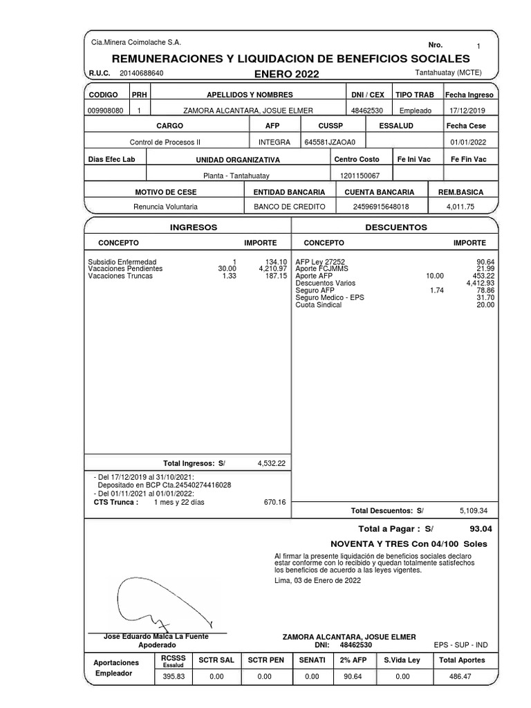 Liquidación Beneficios Sociales | PDF
