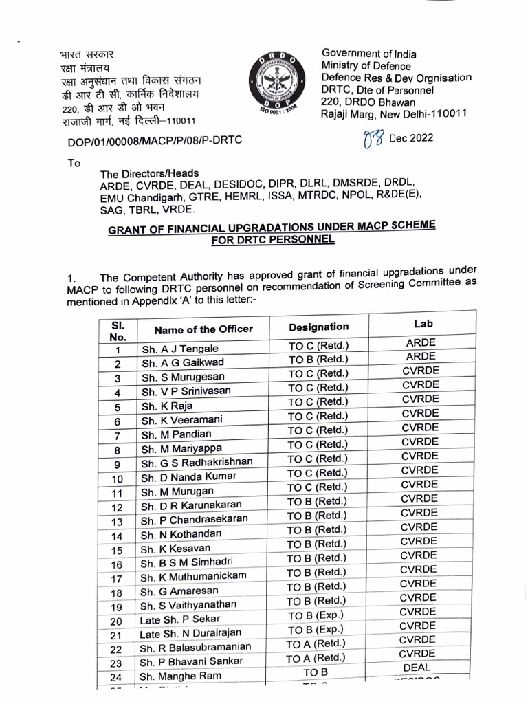 MACP Financial Upgradations for DRTC | PDF