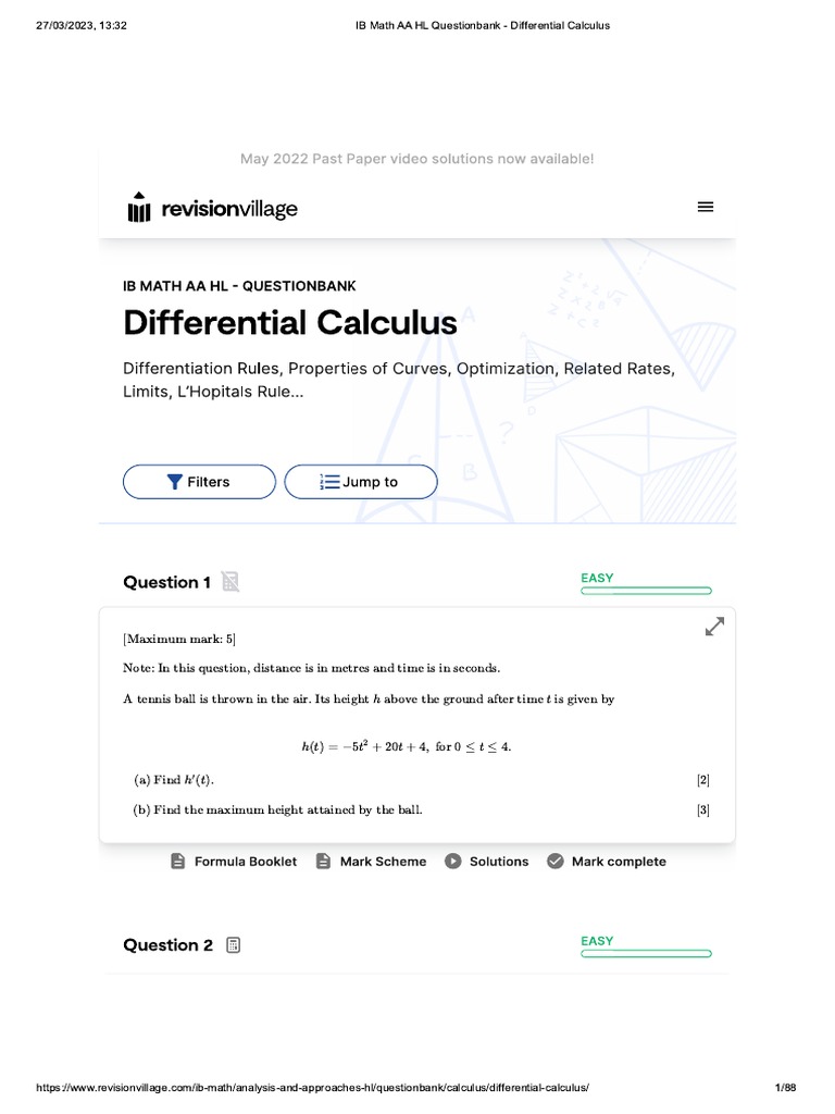 IB Math AA HL Questionbank - Differential Calculus PDF | PDF