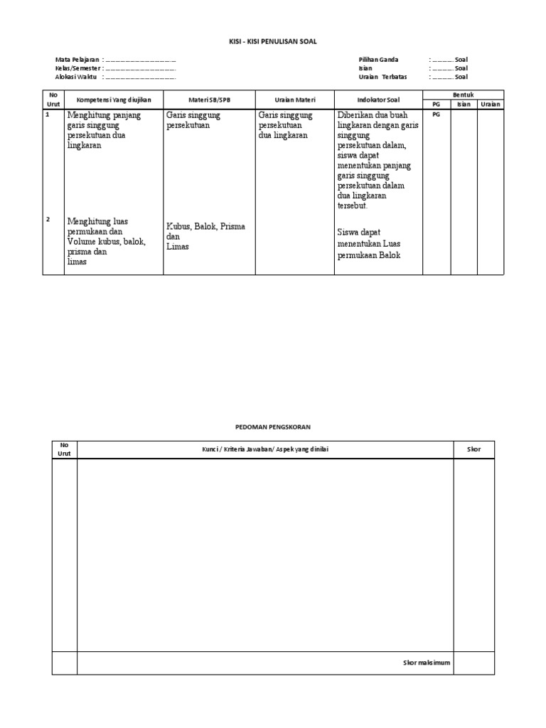 Format Kisi-Kisi Dan Kartu Soal | PDF