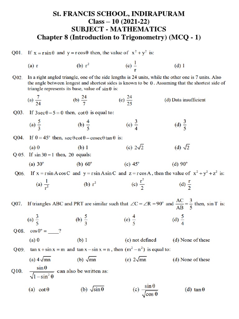 Trigonometry MCQ 1 | PDF