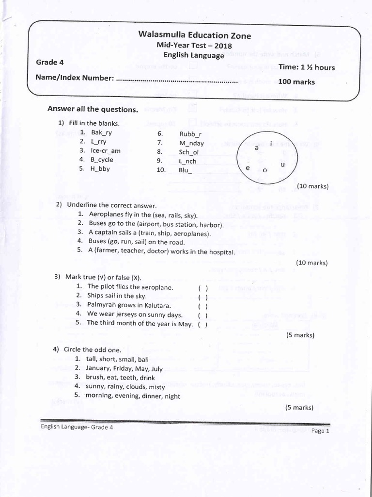 Grade 4 English Mid-Year Test | PDF