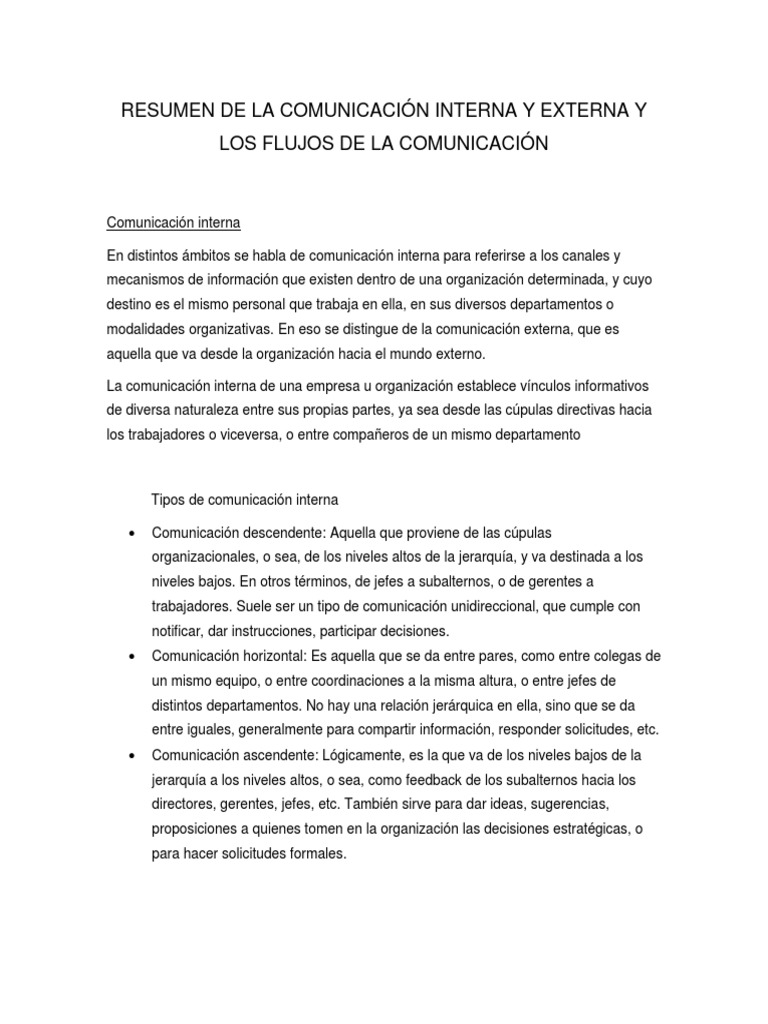 Resumen de La Comunicación Interna y Externa y Los Flujos de La Comunicación PDF | PDF ...