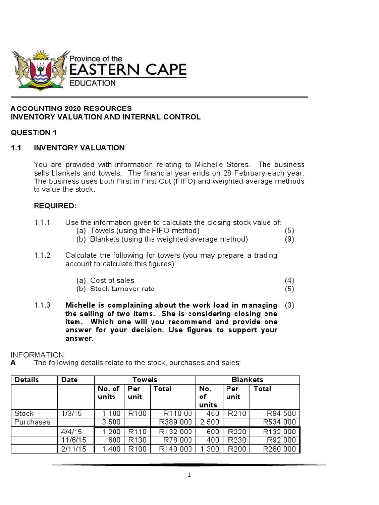 Accounting GR 12 Activities On Inventory Valuation and Internal Control ...