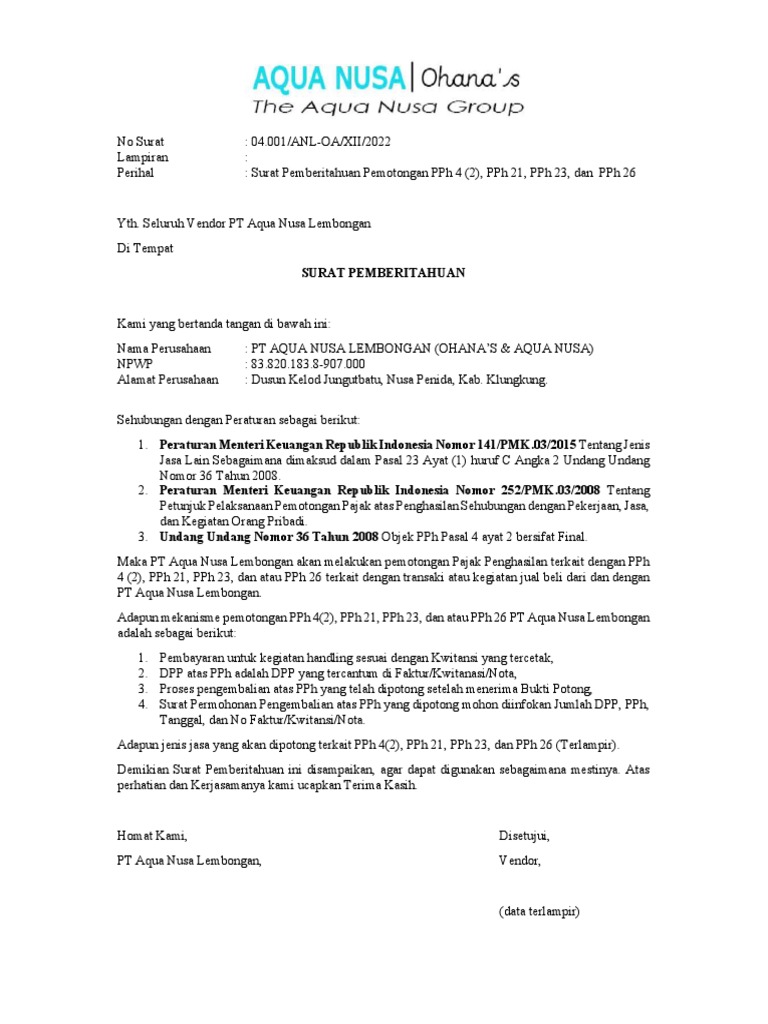 Surat Pemberitahuan - Potongan Pajak PDF | PDF