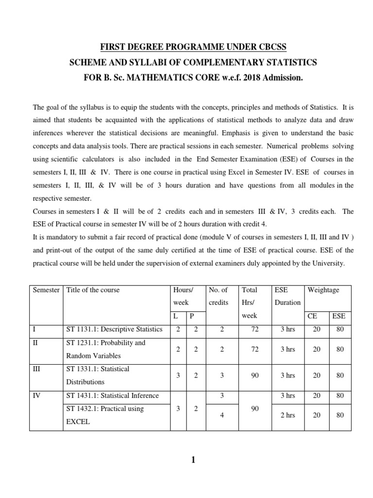 CBCSS Statistics Syllabus for B.Sc. Mathematics | PDF