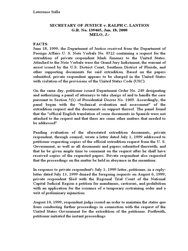 Secretary of Justice v. Lantion, GR 139465, Jan. 18, 2000 | PDF