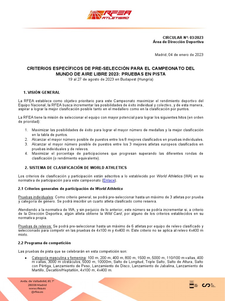 Criterios de Pre-selección RFEA 2023 | PDF