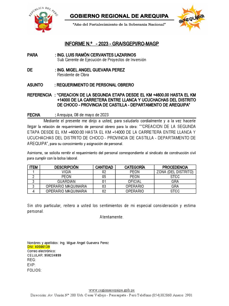 Inf 091 Requerimiento de Personal Obrero | PDF