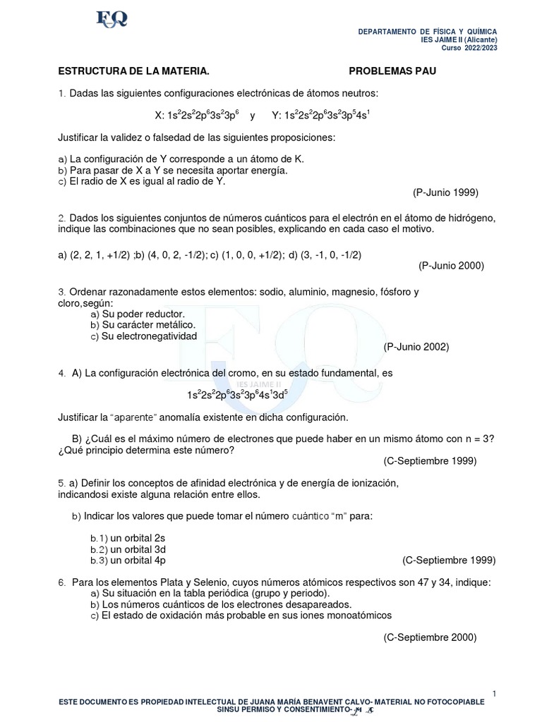 Ejercicios Pau Quimica | PDF | Ion | Compuestos químicos