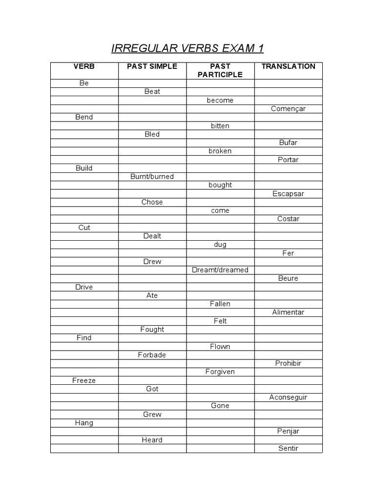 Irregular Verbs Exam 1 | PDF