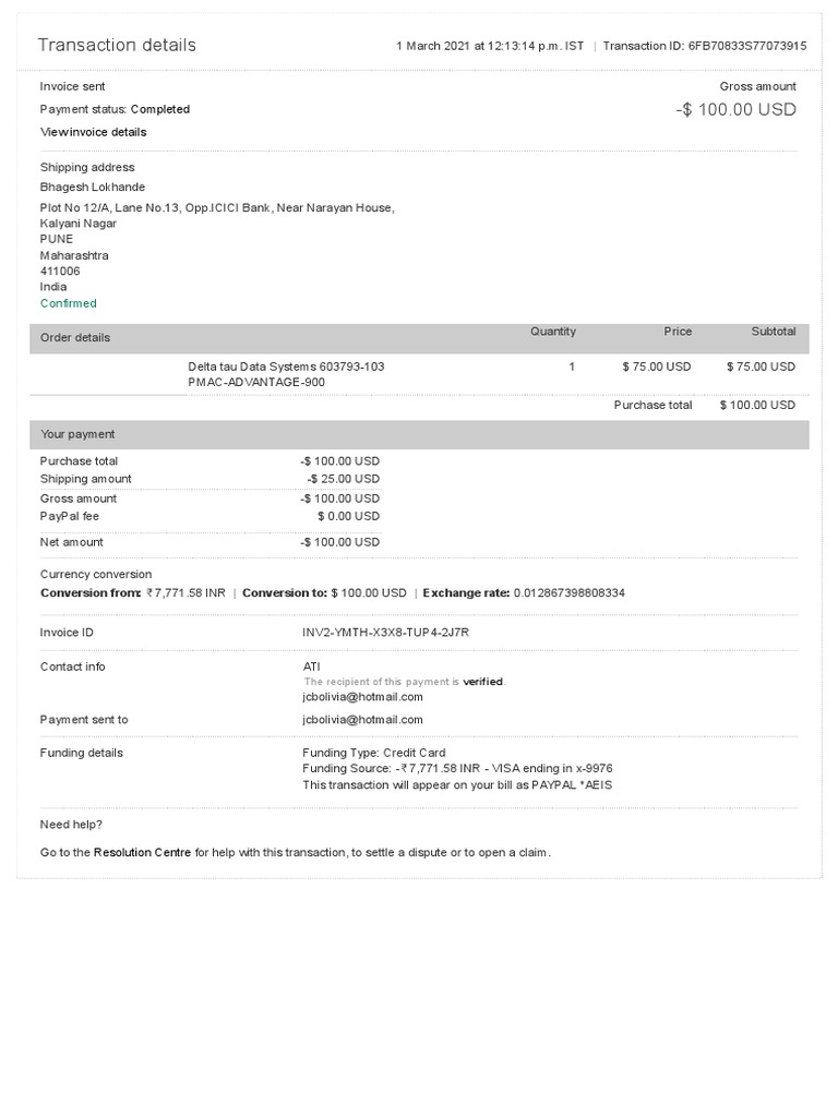 $ 100 - PayPal Bill PDF | PDF