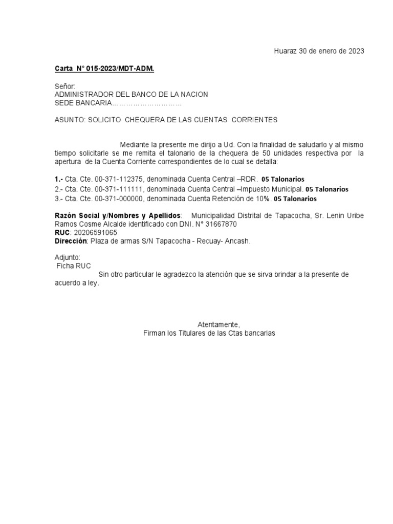 Modelo Carta Bo N Solicitud Chequeras GLs | PDF