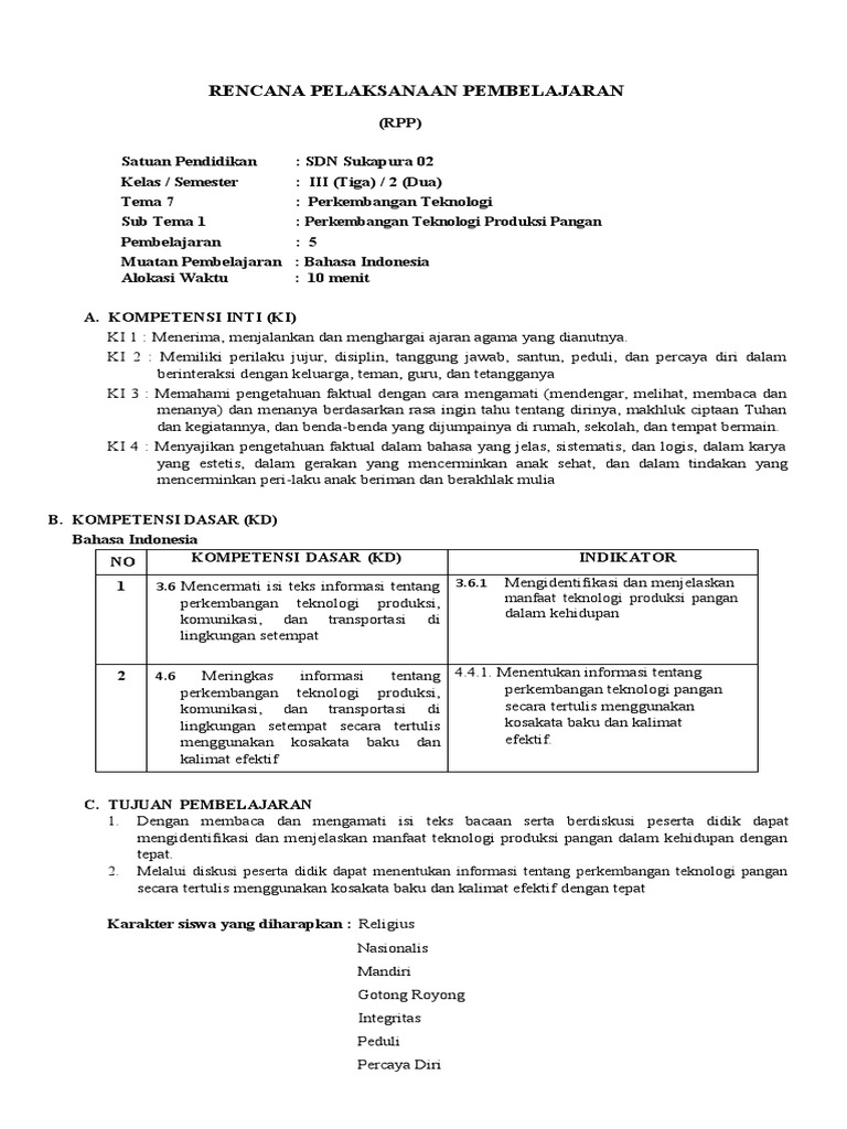 RPP Kelas 3 Tema 7 Subtema 1 Pembelajaran 5 | PDF