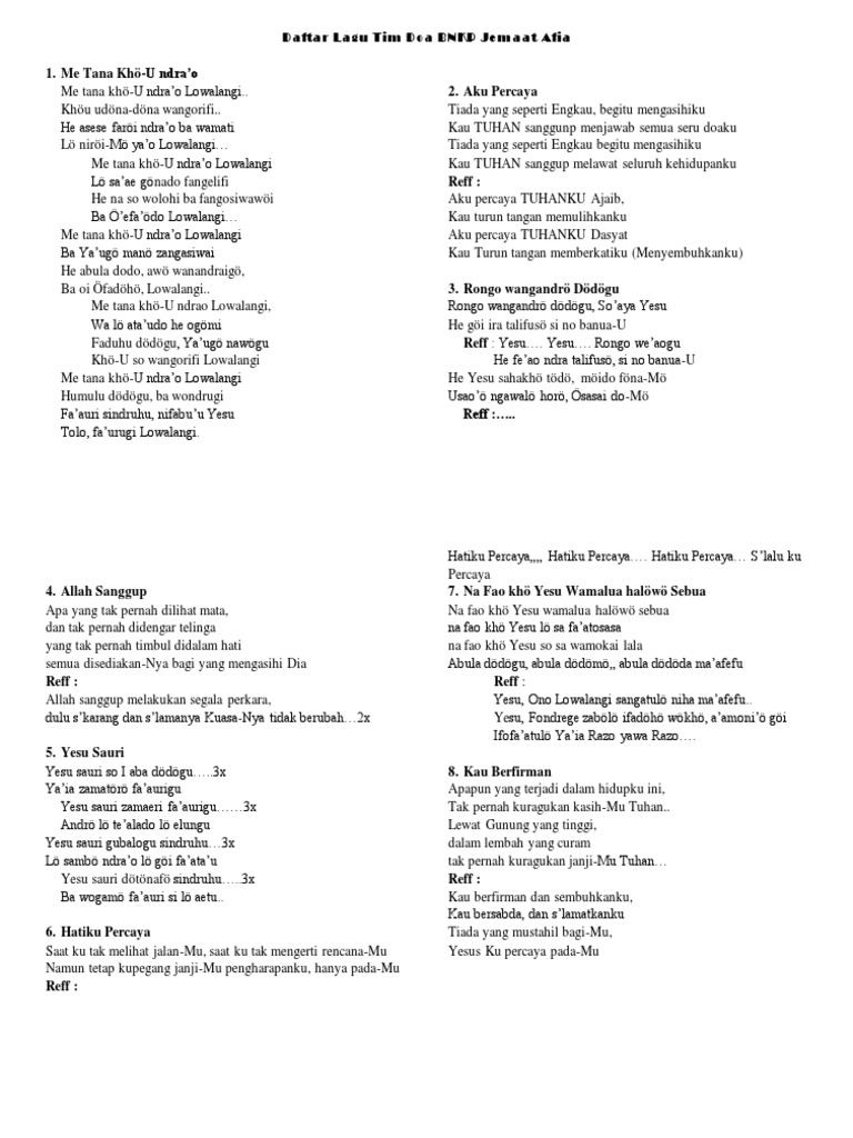 Daftar Lagu Persekutuan Doa BNKP | PDF