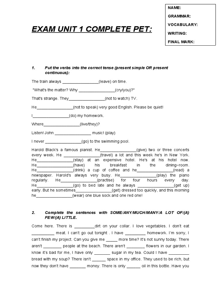 Unit 1 Complete PET Exam Practice | PDF | Adverb | English Language