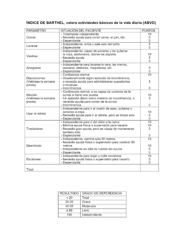 ÍNDICE DE BARTHEL, valora actividades básicas de la vida diaria | PDF