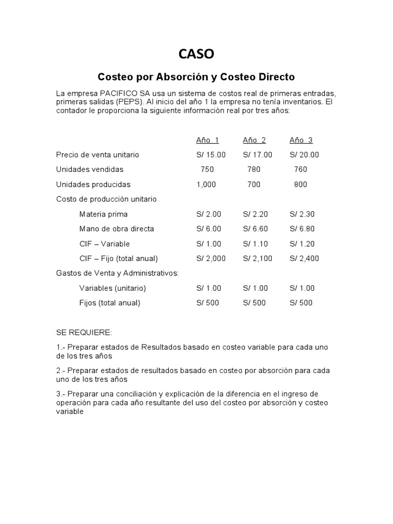 CASO Costeo por Absorción y Costeo Directo | PDF
